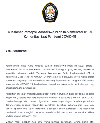 Kuesioner Persepsi Mahasiswa Pada Implementasi IPE Di Komunitas Saat Pandemin COVID-19 Template ...