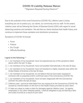 Laser COVID-19 Liability Release Waiver Form Template | Jotform