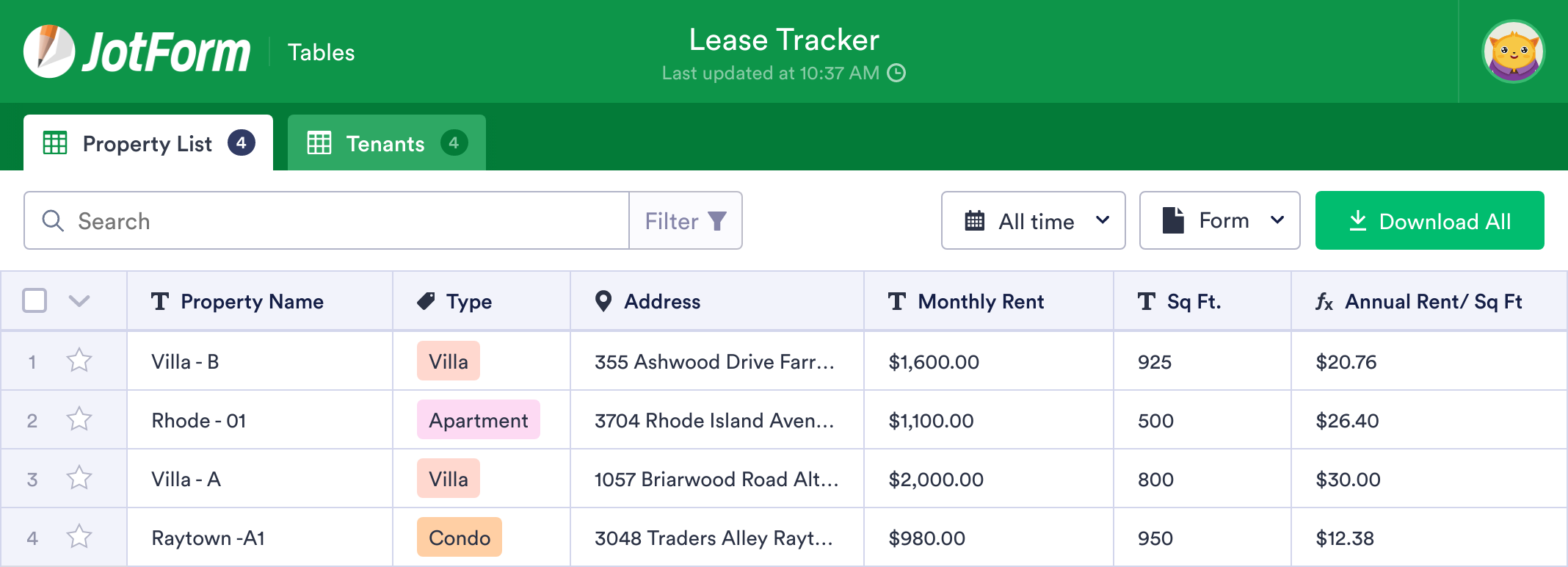 Lease Tracker Template | JotForm Tables
