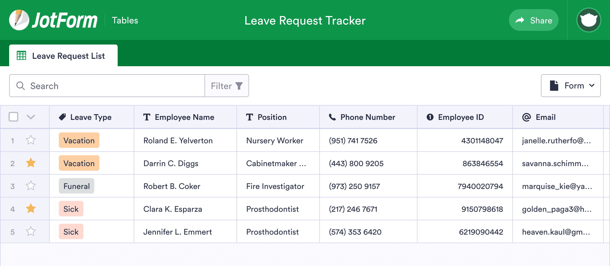Leave Request Tracker Template | JotForm Tables