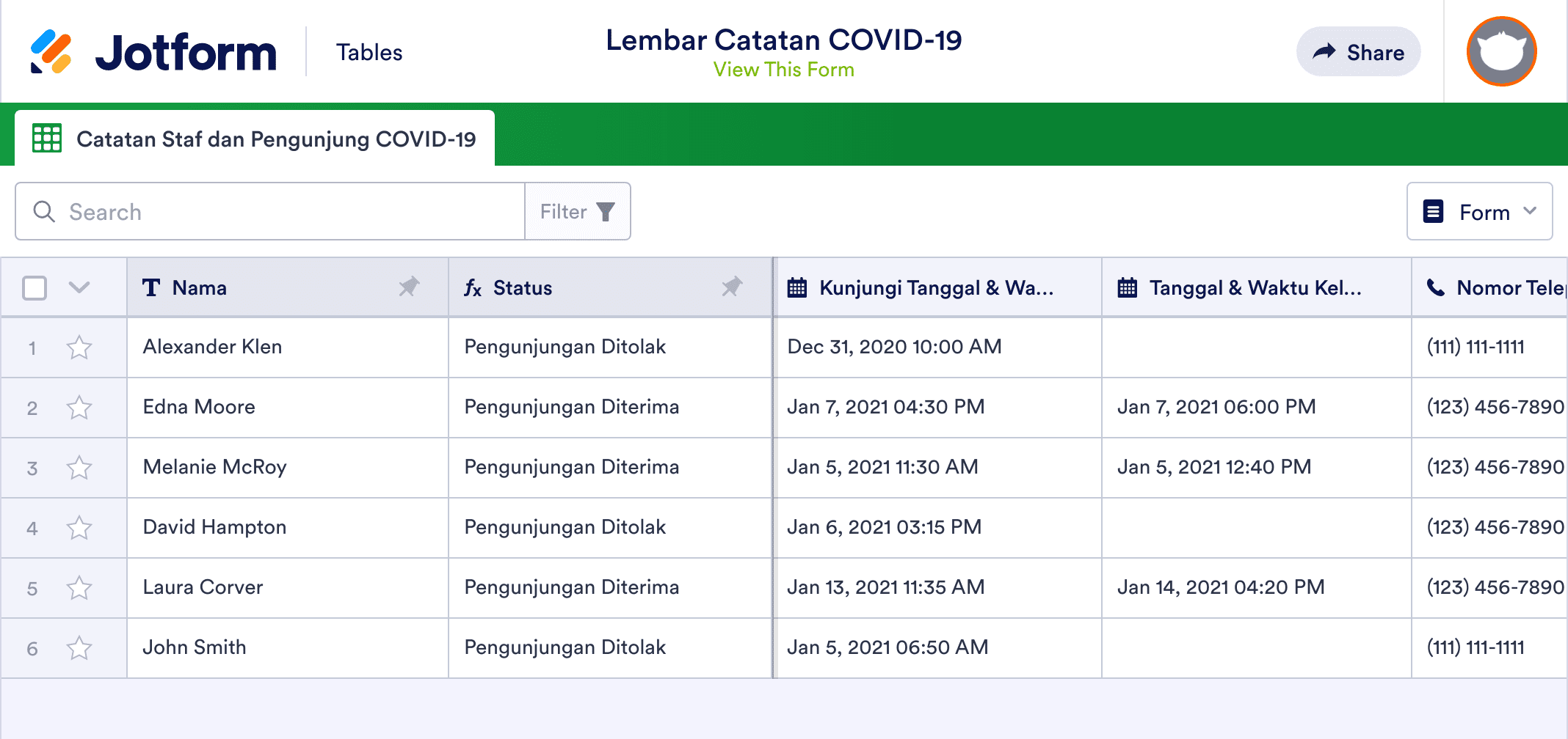 Lembar Catatan COVID-19 Template | Jotform Tables
