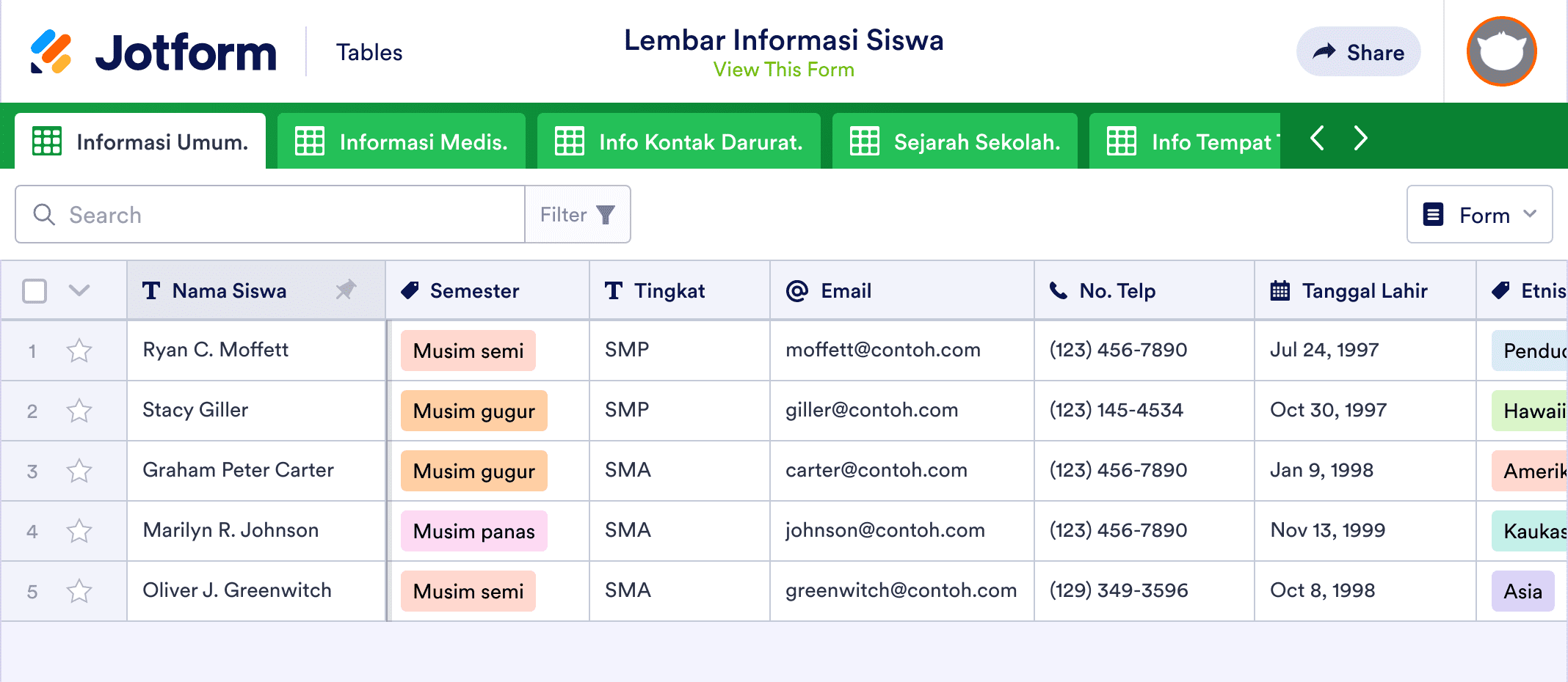 Lembar Informasi Siswa Template | Jotform Tables