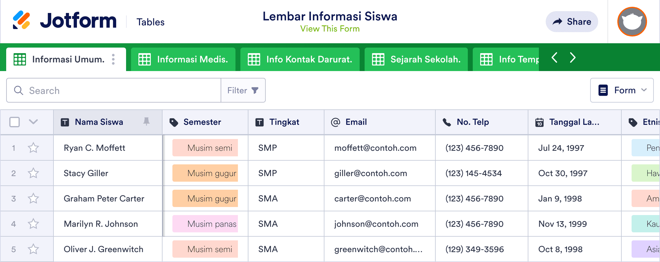 Lembar Informasi Siswa Template | Jotform Tables