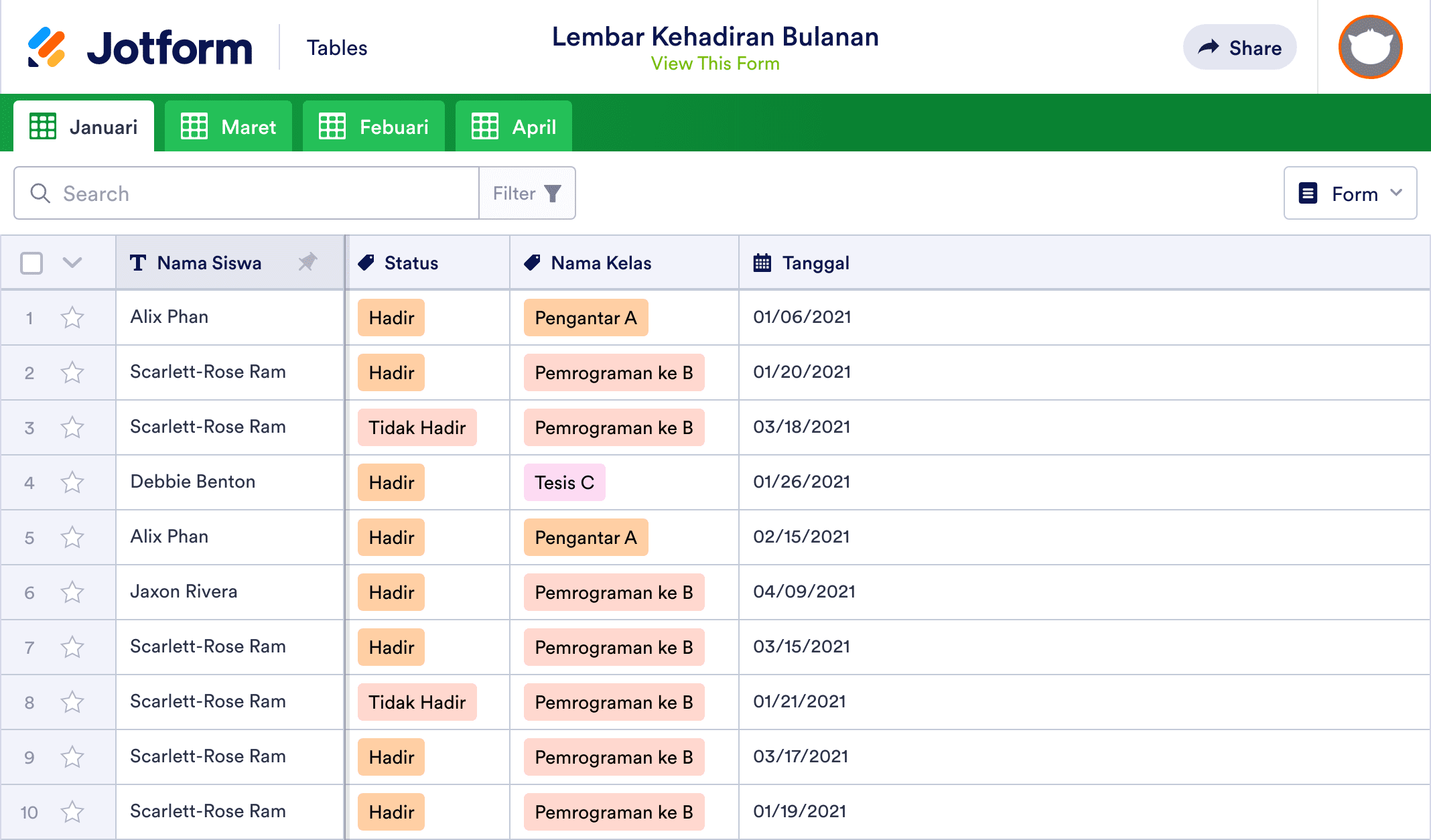 Lembar Kehadiran Bulanan Template | Jotform Tables