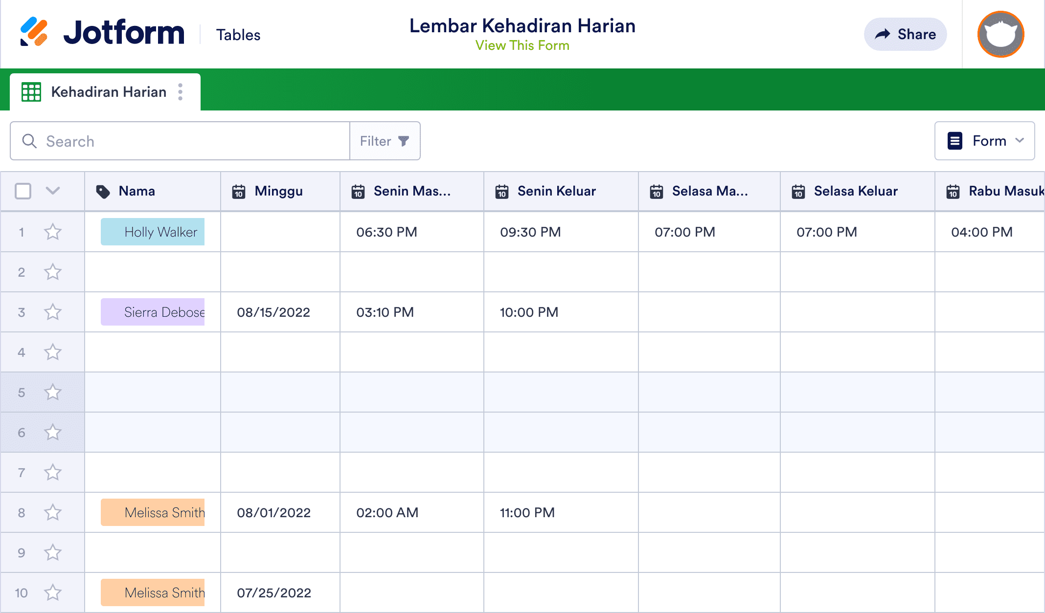 Lembar Kehadiran Harian Template | Jotform Tables