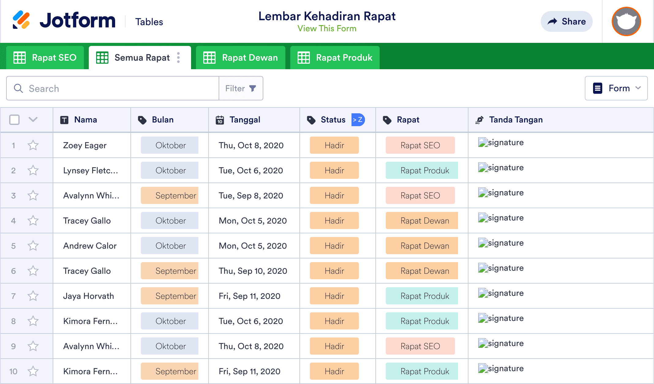 Lembar Kehadiran Rapat Template | Jotform Tables