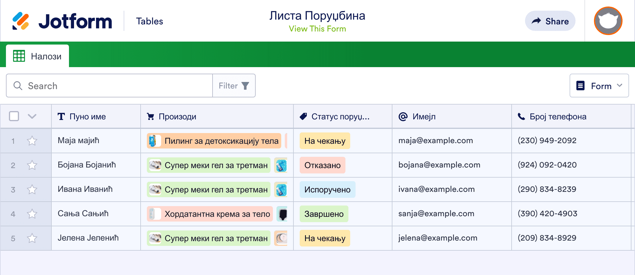Листа Поруџбина Шаблон | Jotform Tables