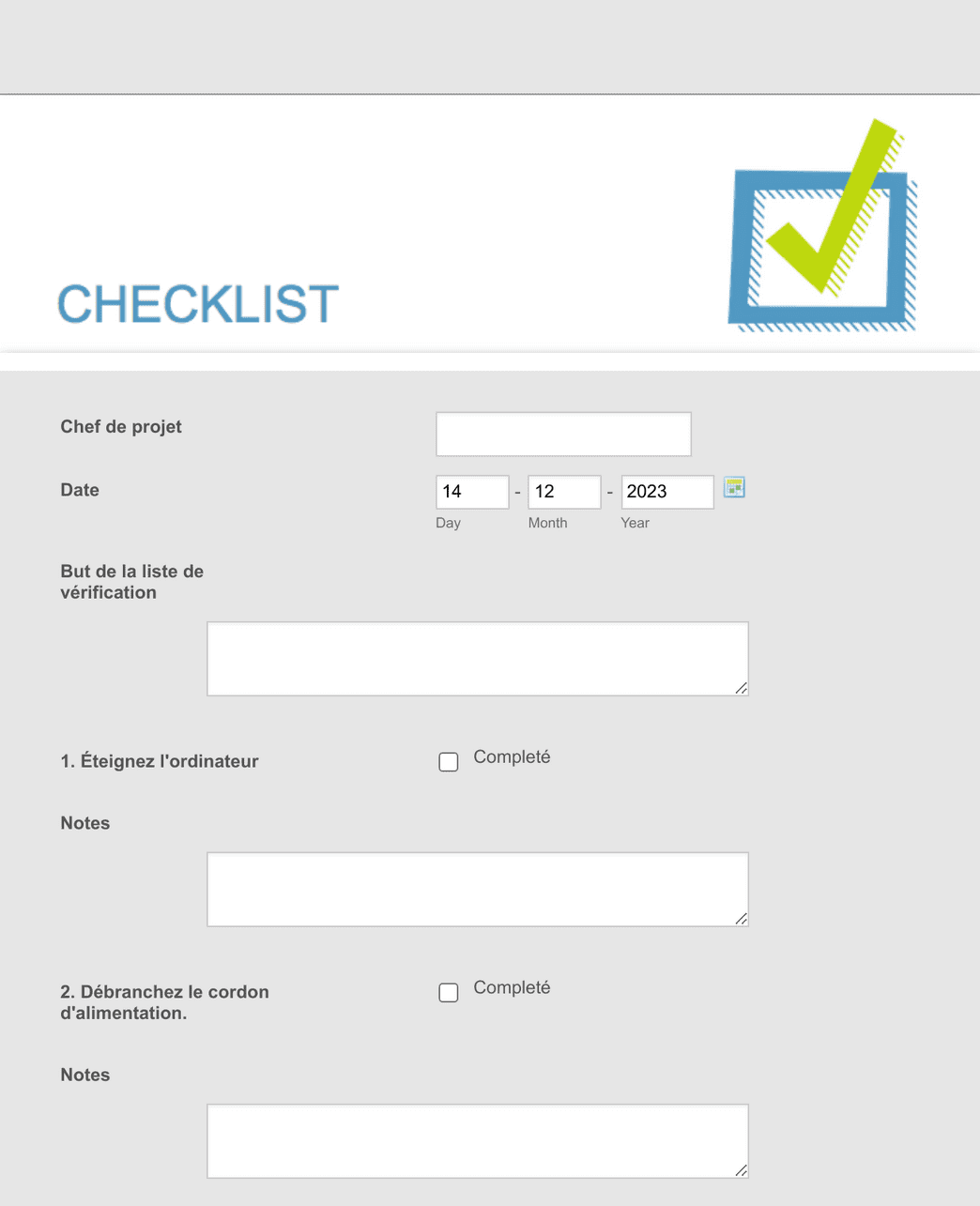 Liste de vérification Modèle du formulaire | Jotform