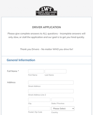 LWT Truck Driver Application Form Template | Jotform