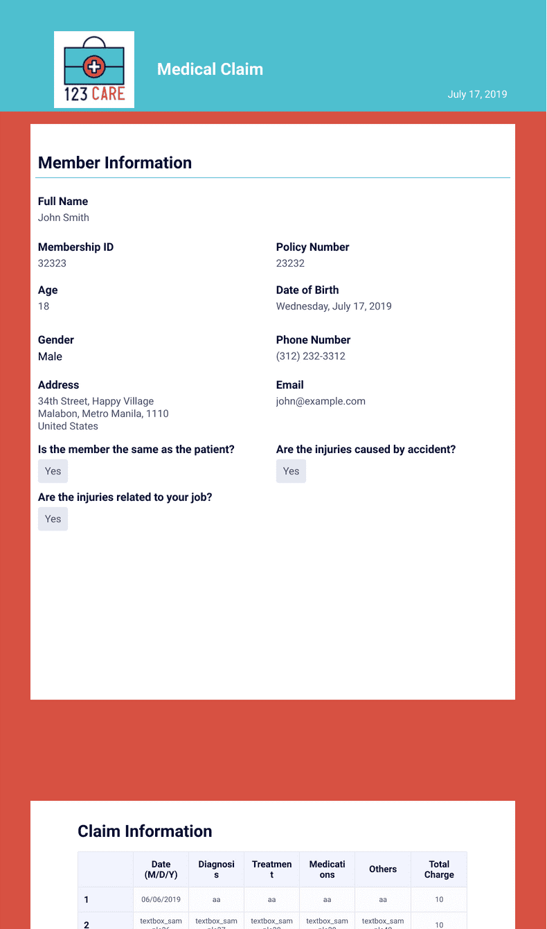 Medical Claim Template - PDF Templates | Jotform