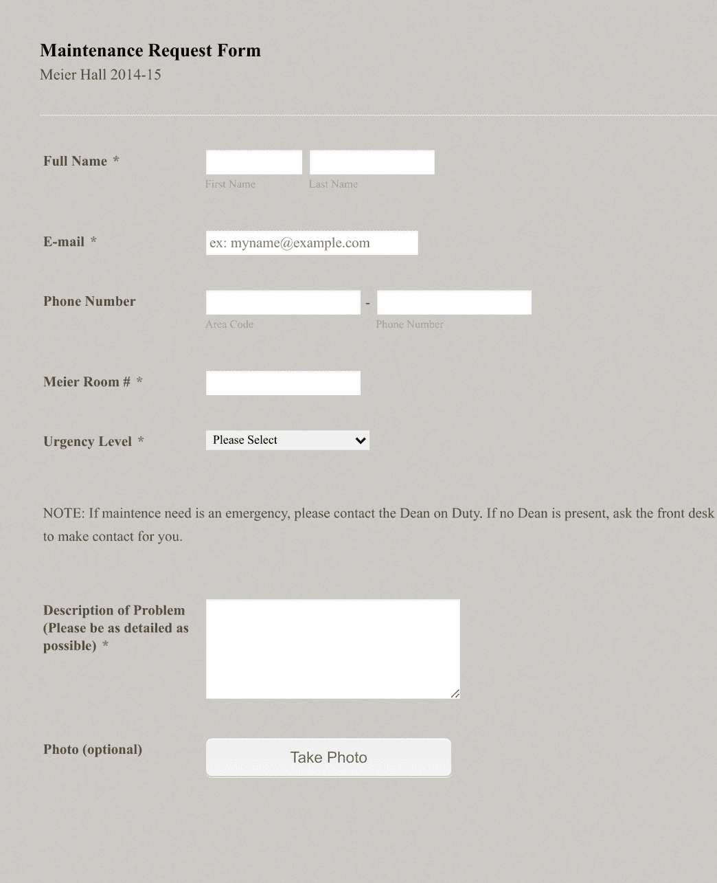 Meier Hall Maintenance Request Form Template | Jotform