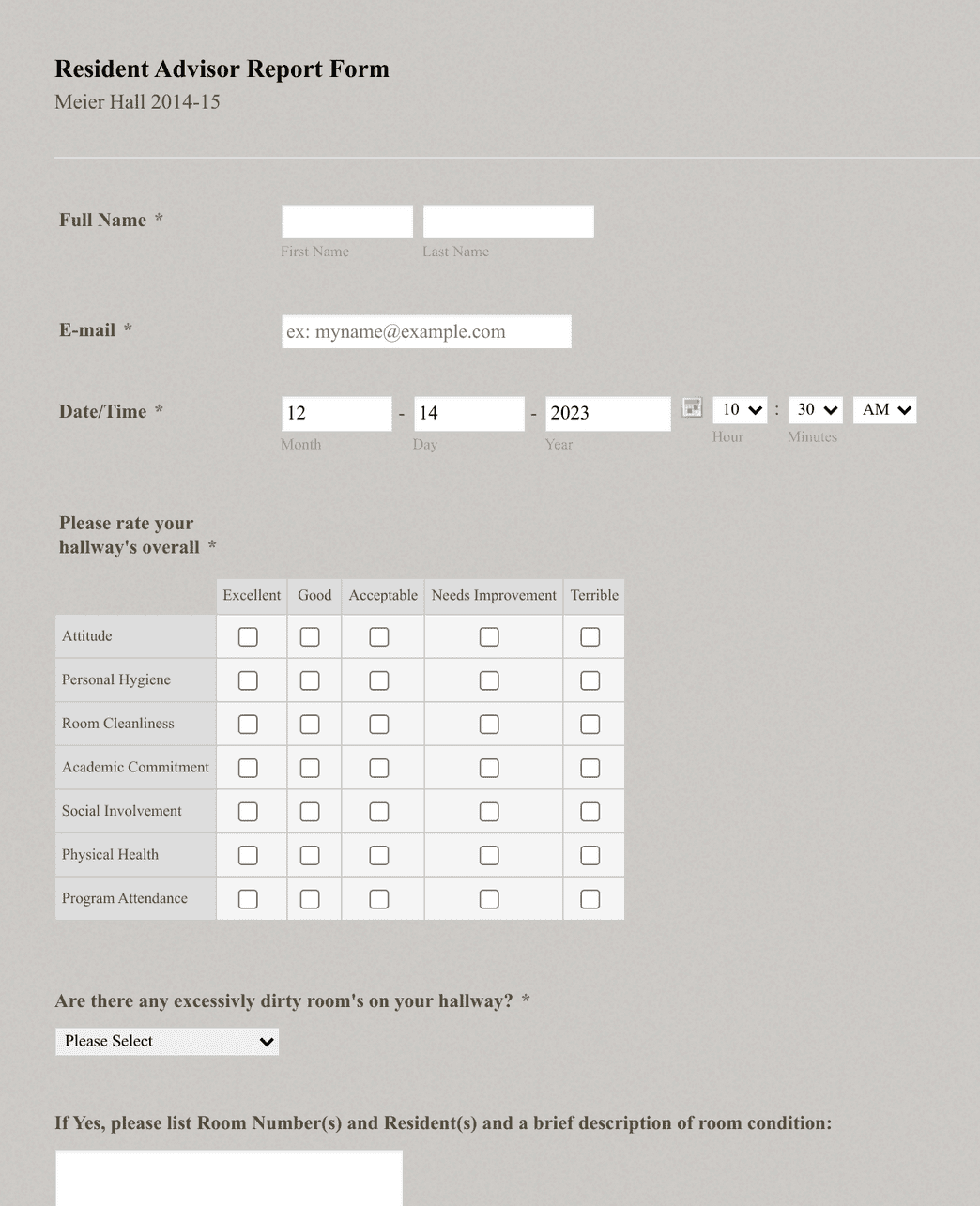 Meier Hall Resident Advisor Report Form Template | Jotform
