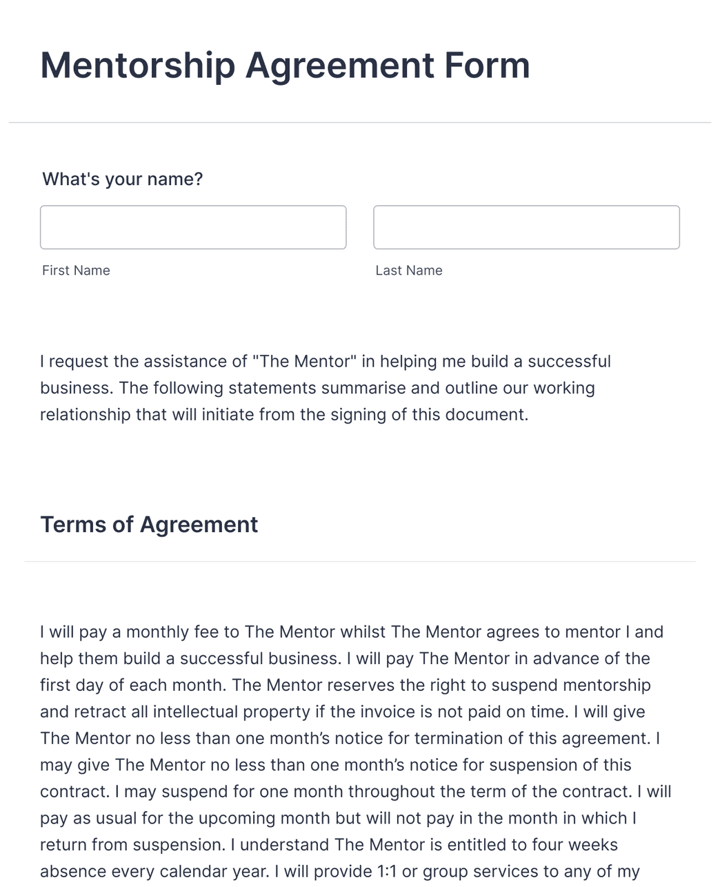 Mentorship Agreement Form Template | Jotform