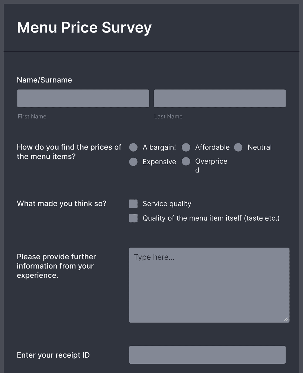 Menu Price Survey Form Template | Jotform