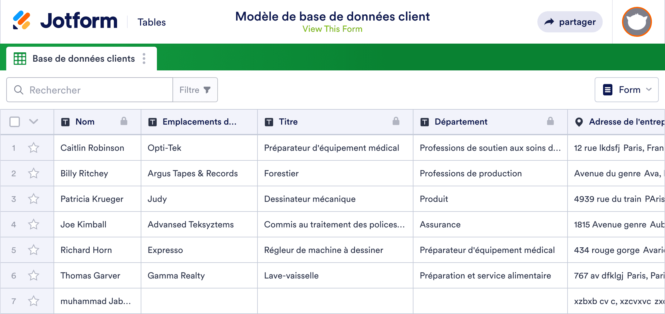 Modèle de base de données client Modèle | Jotform Tables