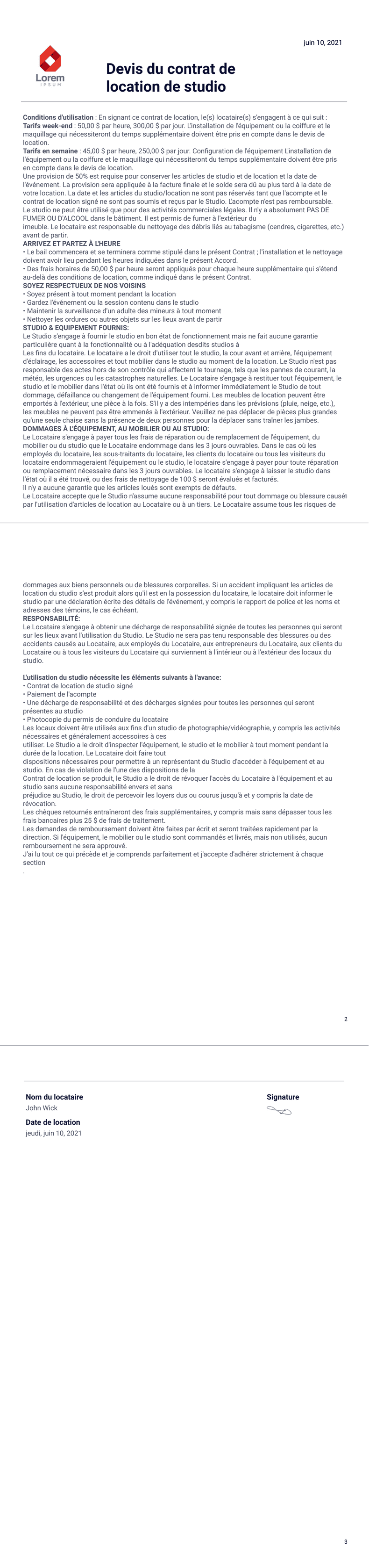 Modèle de contrat de location de studio - Modèles de PDF | Jotform