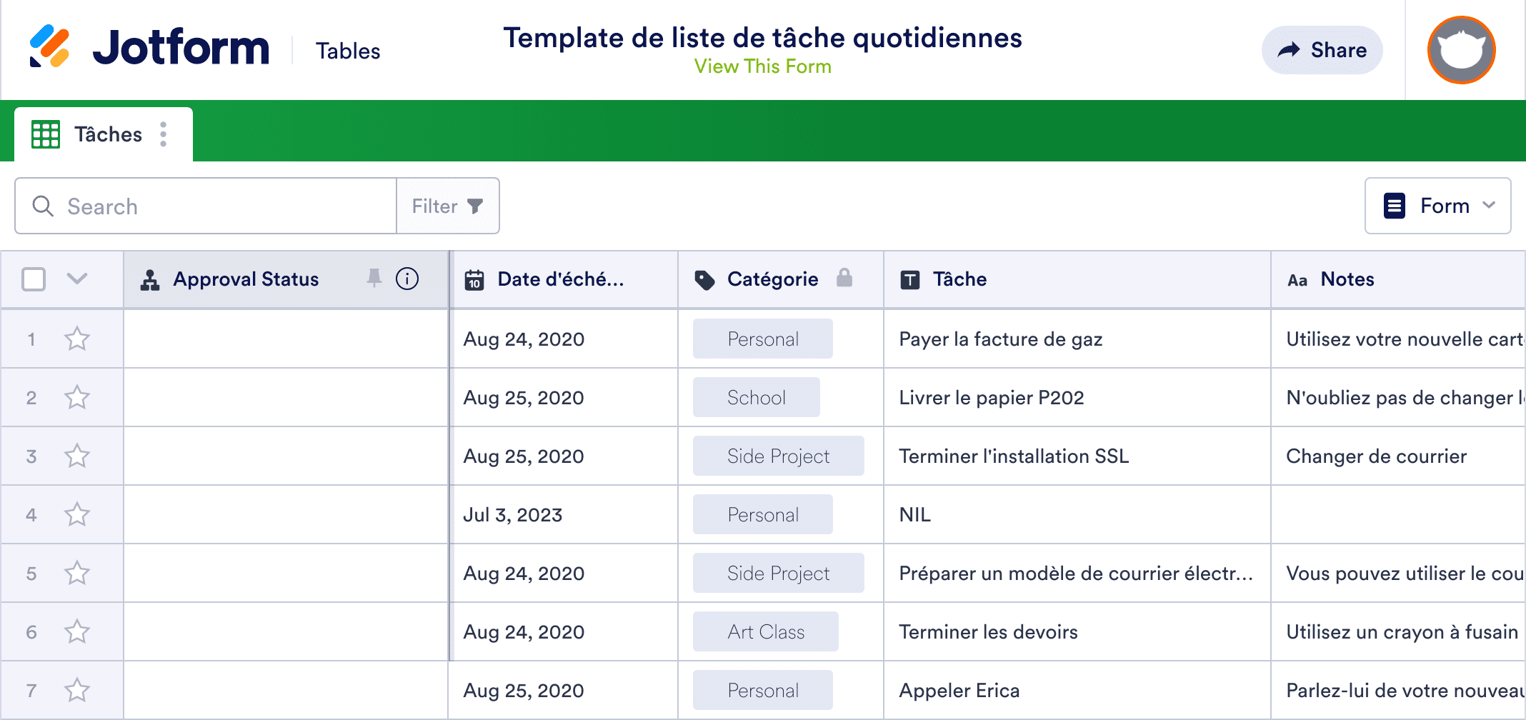 Modèle de liste de tâche quotidiennes Modèle | Jotform Tables