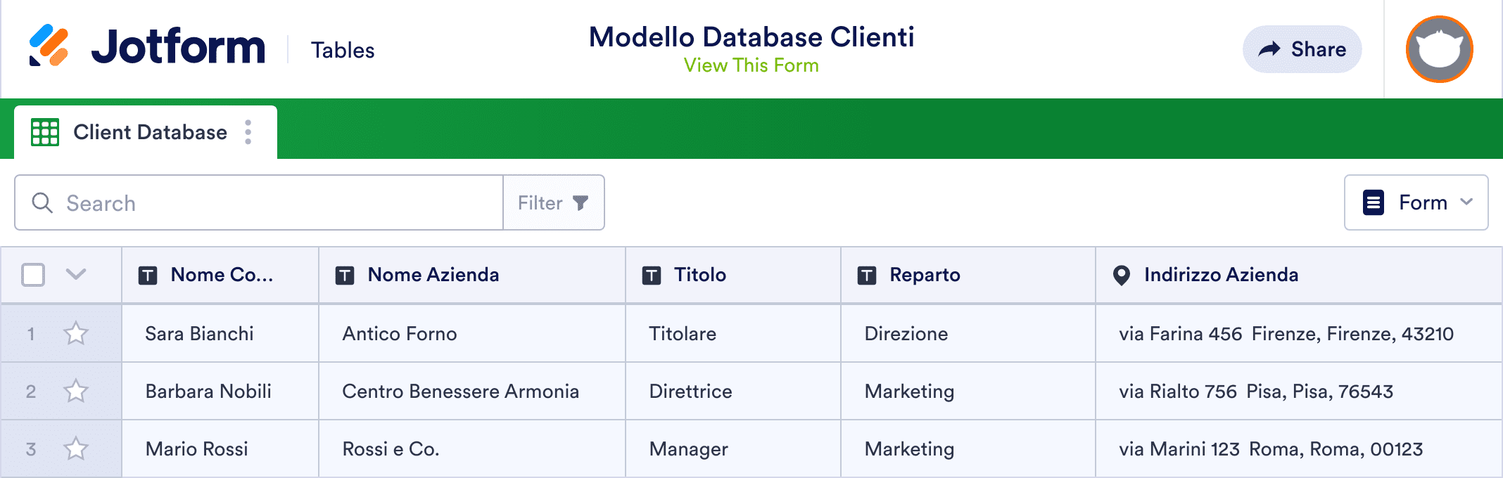 Modello Database Clienti Template | Jotform Tables