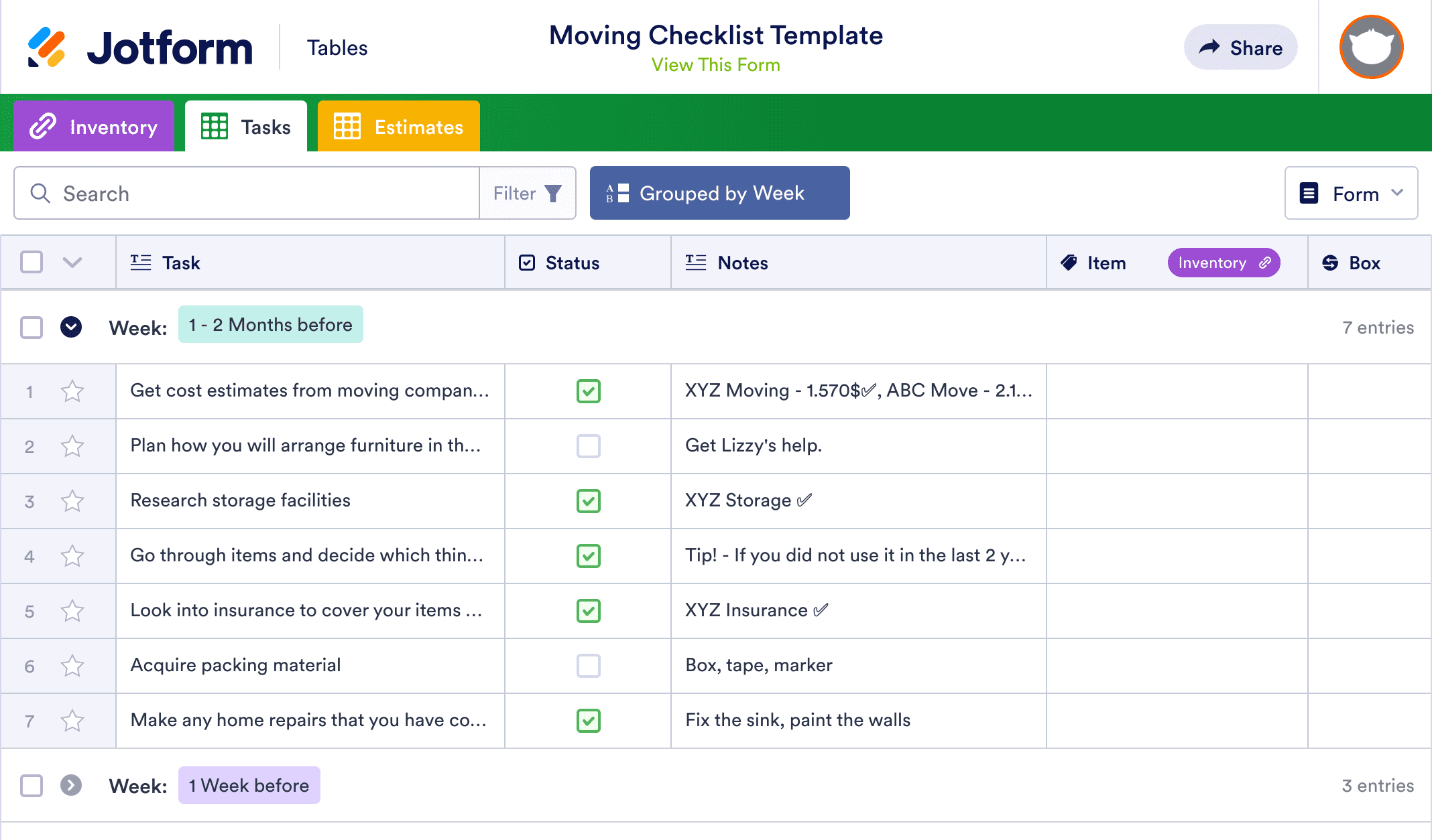 Moving Checklist Template | Jotform Tables