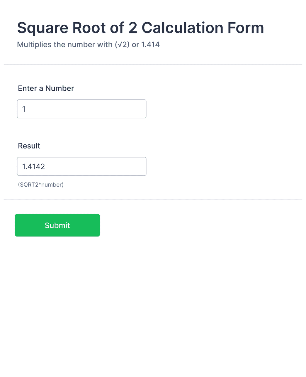 Multiply the number with Square Root of 2 (SQRT2) Form Template | Jotform