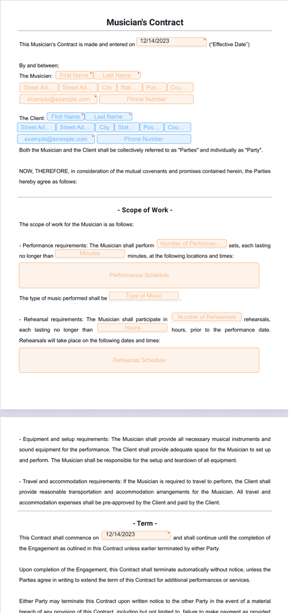 Musicians Contract Template - Sign Templates | Jotform