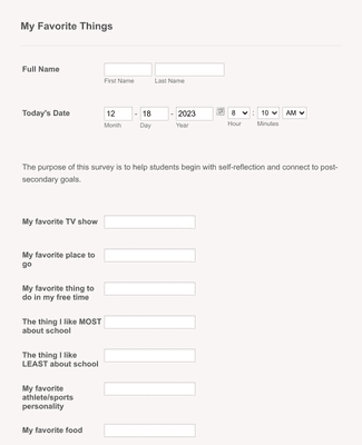 My Favorite Things Questionnaire Form Template | Jotform