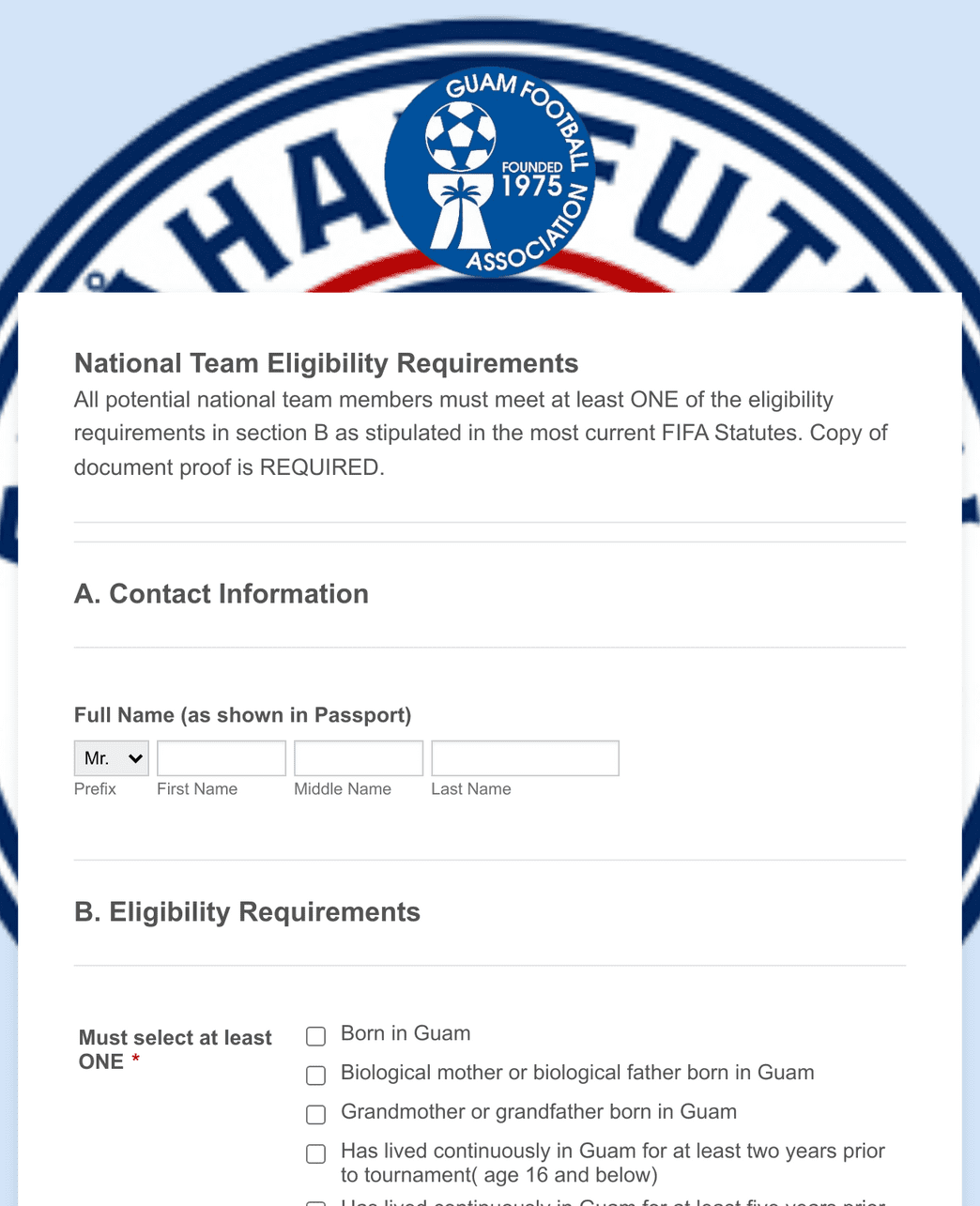 National Team Player Eligibility Form Template | Jotform