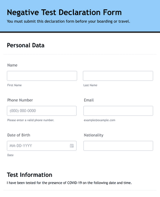 Negative Test Declaration Form Template | Jotform