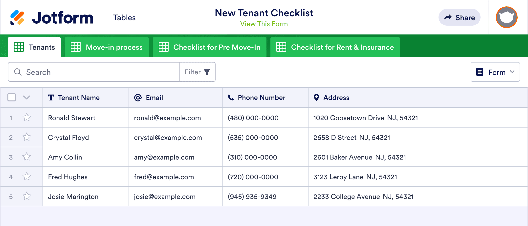 New Tenant Checklist Template | Jotform Tables