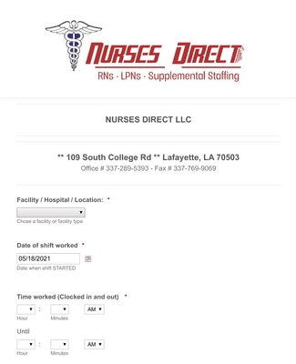 Nurses Direct e-Time Slip Form Template | Jotform