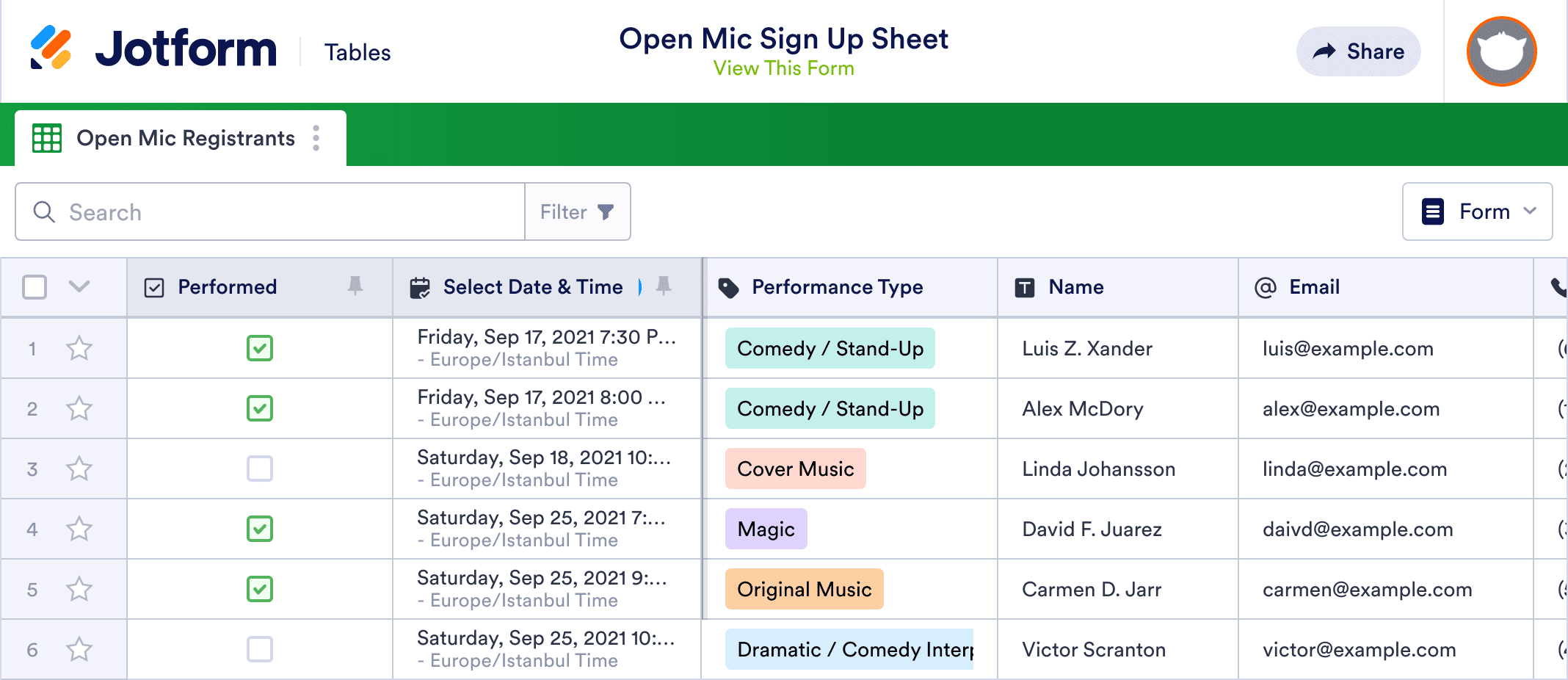 Open Mic Sign Up Sheet Template Jotform Tables
