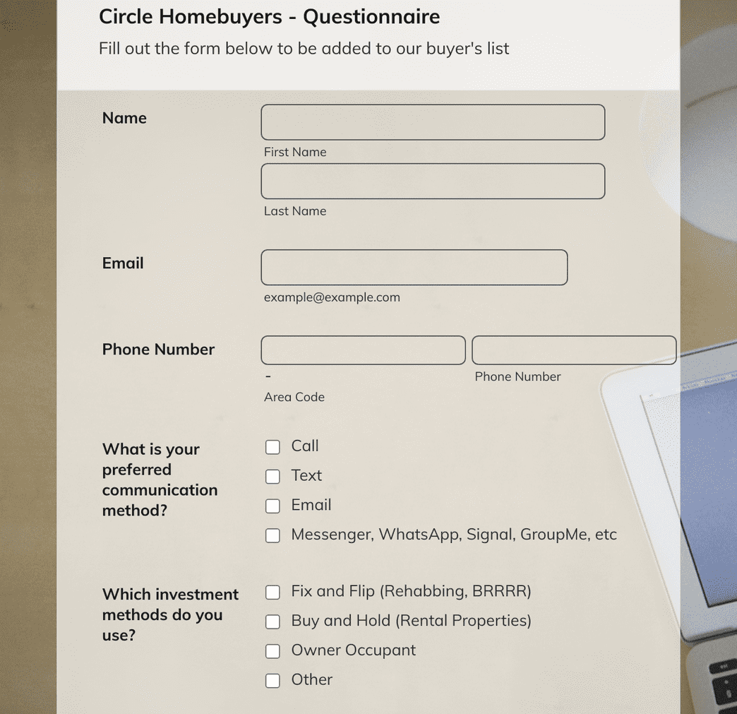 Oz's Homebuyers - Questionnaire Form Template | Jotform