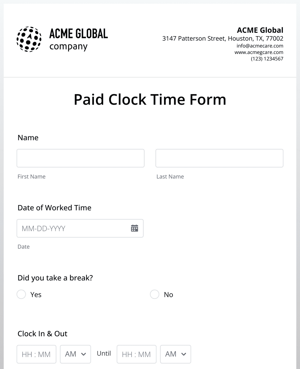 Paid Clock Time Form Template | Jotform