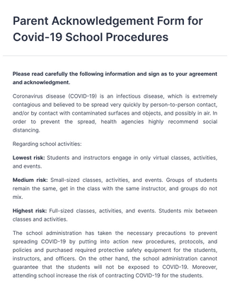 Parent Acknowledgement Form for Covid-19 School Procedures Form ...
