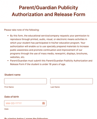 Parent Guardian Publicity Authorization and Release Form Template | Jotform