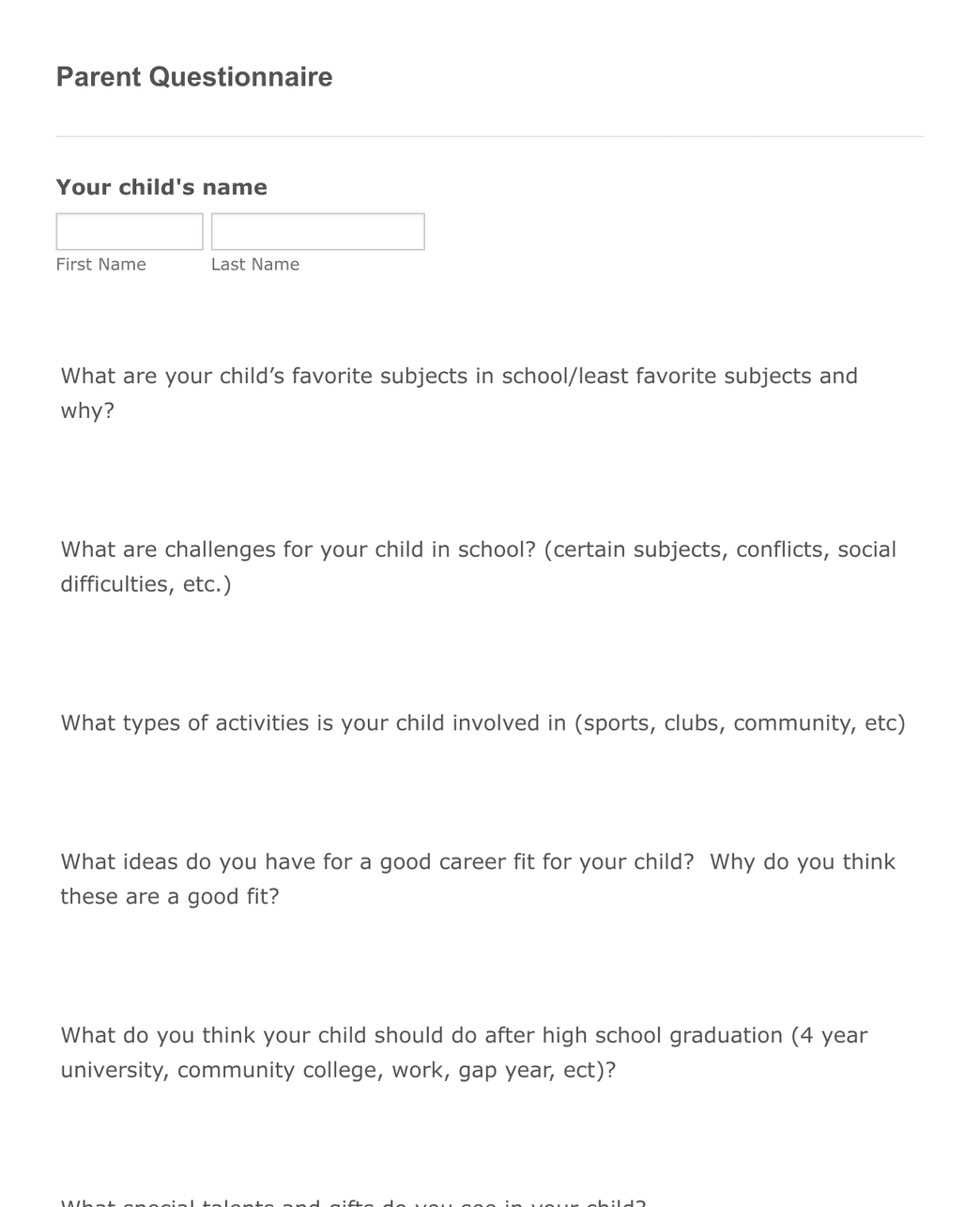 Parent Questionnaire Form Template | Jotform