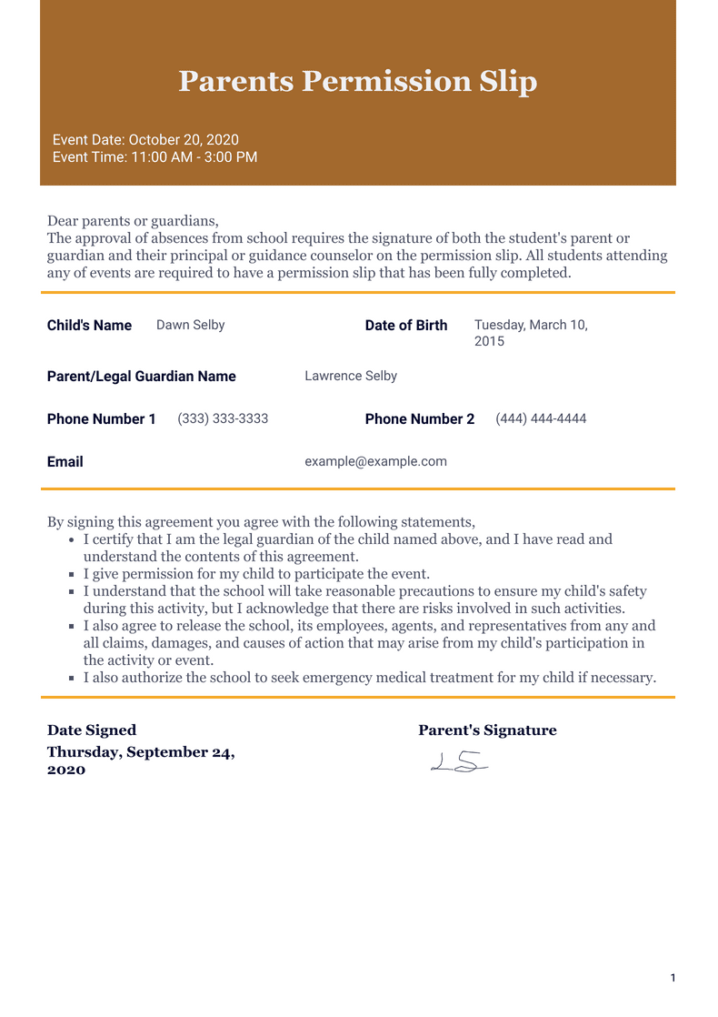 Parents Permission Slip Template - PDF Templates | Jotform