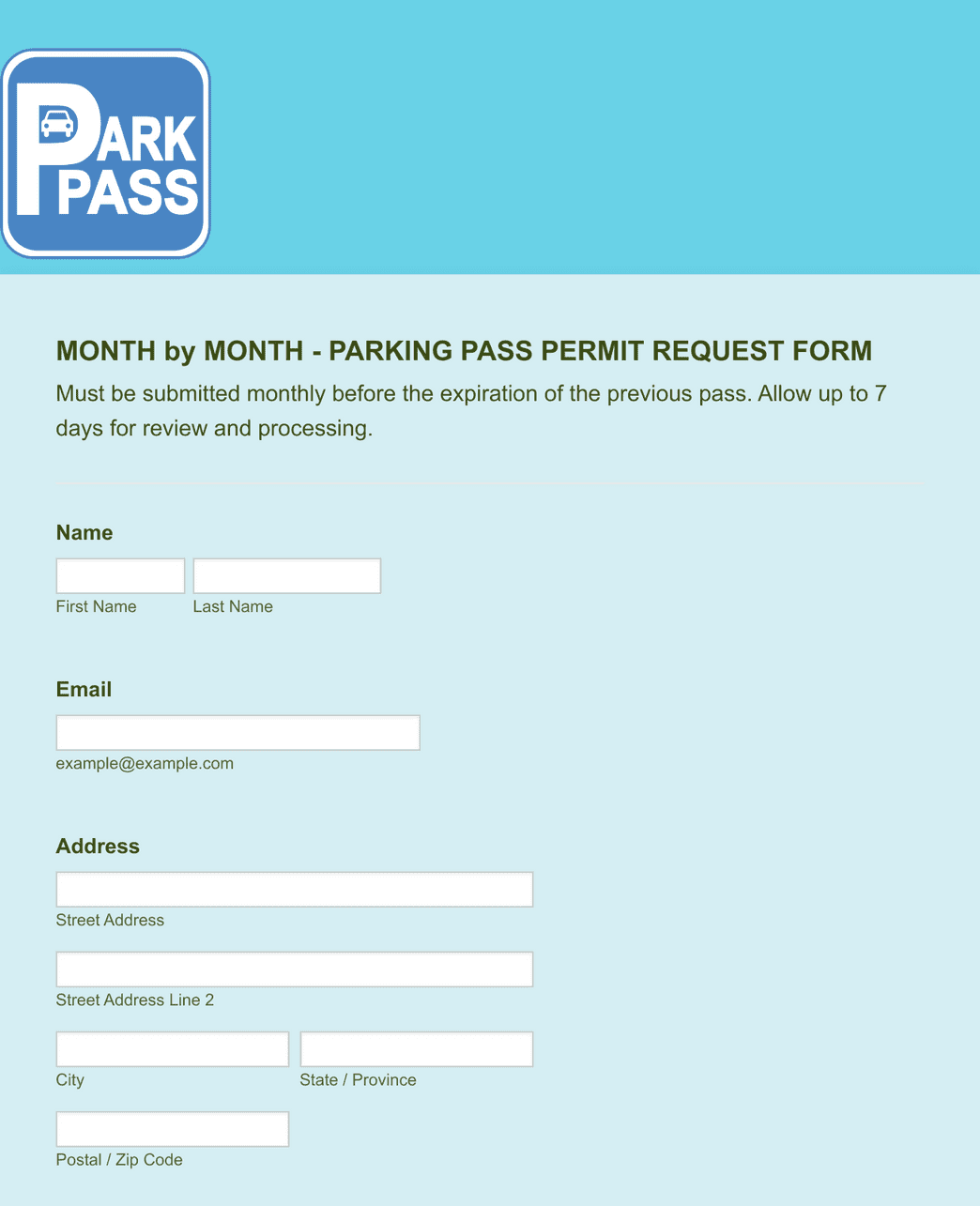 Month to Month Park Pass Request Form Template | Jotform