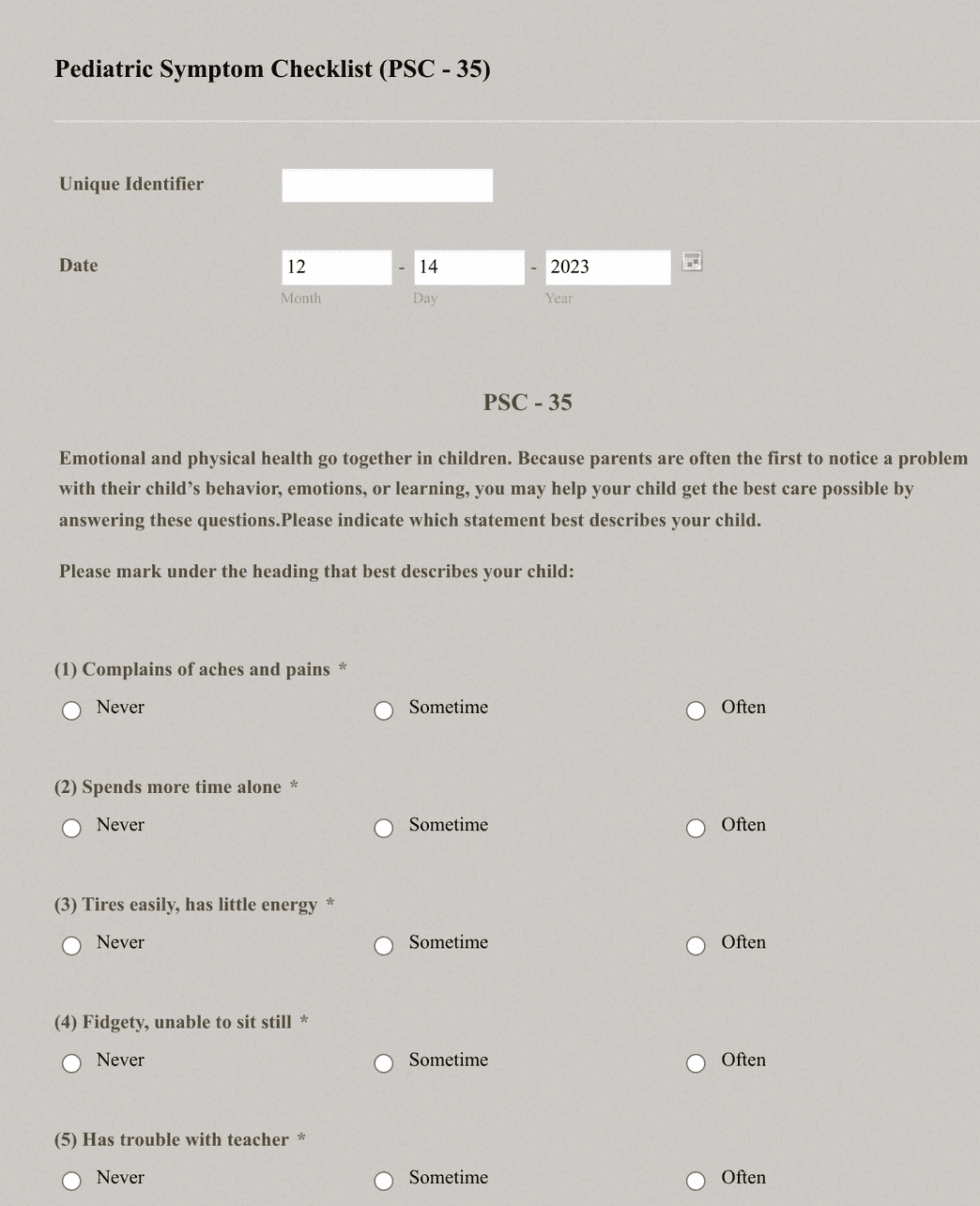 Pediatric Symptom Checklist Form Template | Jotform