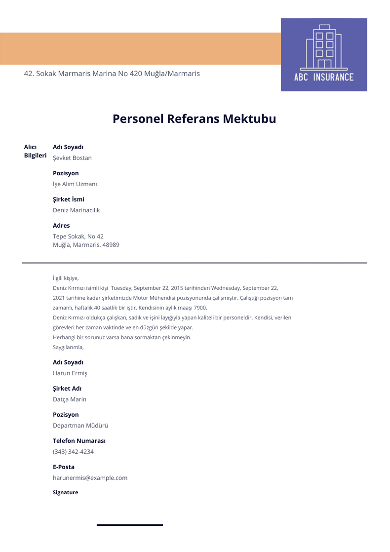 Personel Referans Mektubu - PDF Şablonları | Jotform