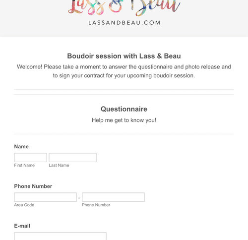 Photo Shoot Session Questionnaire and Release Form Template | Jotform