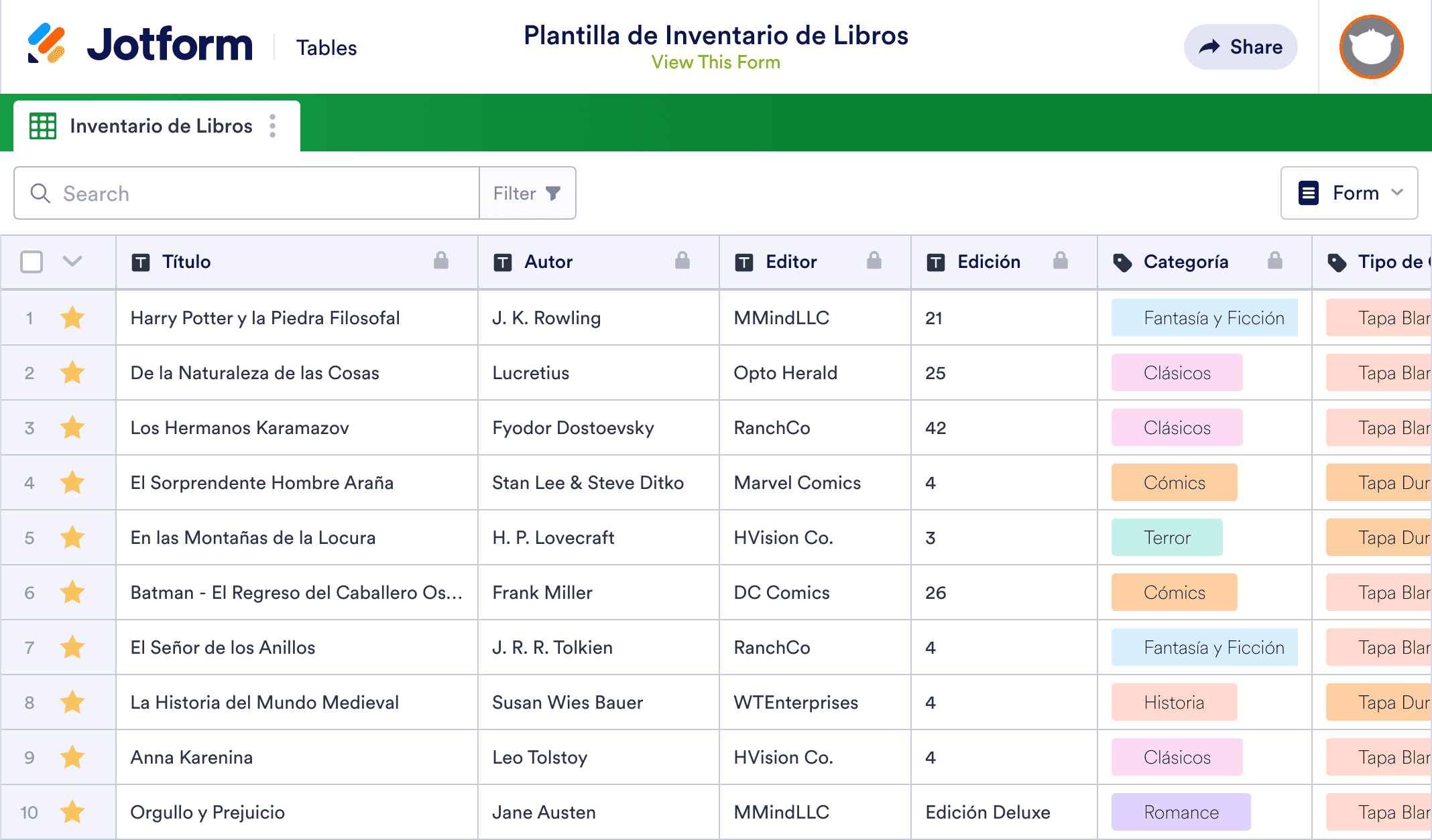 Plantilla de Inventario de Libros Plantilla | Jotform Tables