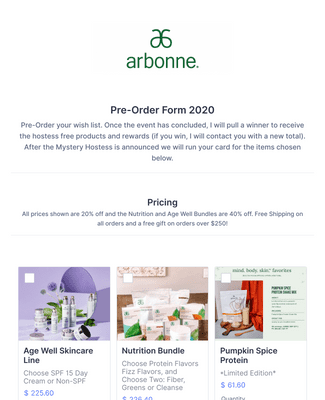 Arbonne: Pre-Order Form 2020 Form Template | Jotform