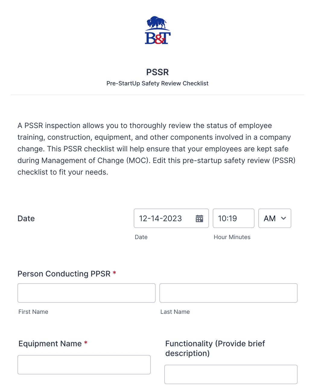 Pre-Startup Safety Review Checklist Form Template | Jotform