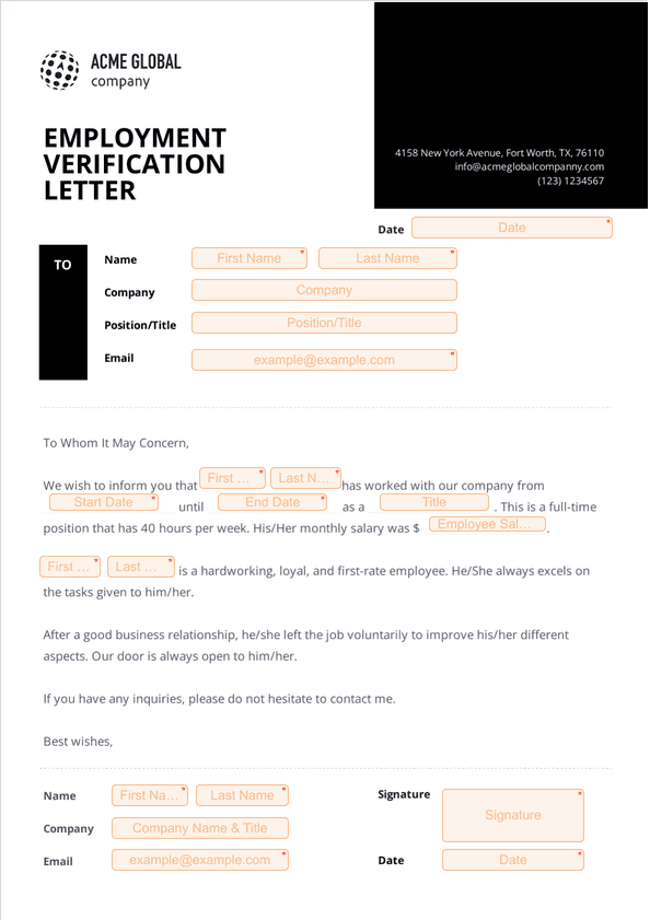 Previous Employment Verification Letter - Sign Templates | Jotform