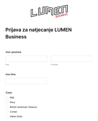 Prijava za predstavljanje caseova natjecanja LUMEN Business Form Template | Jotform