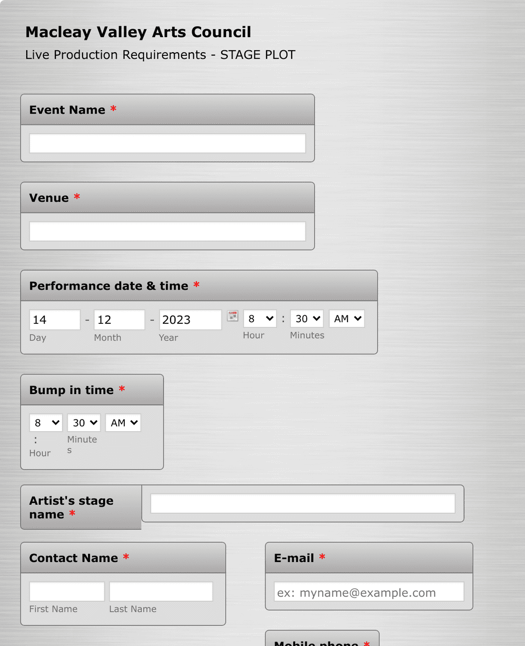 Production requirements for live performance Form Template | Jotform