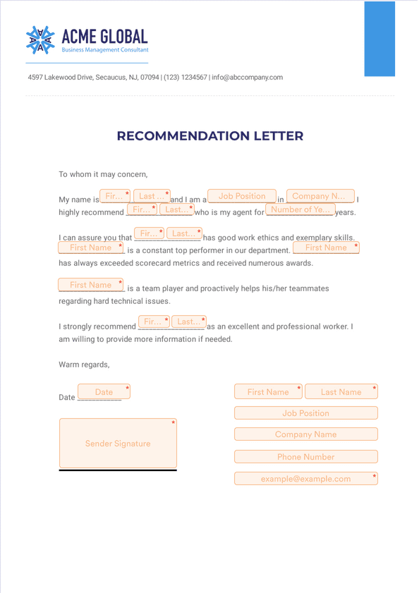 Professional Letter Of Recommendation Sign Templates Jotform