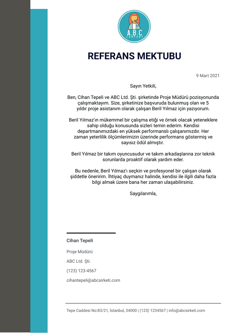 Profesyonel Referans Mektubu - PDF Şablonları | Jotform