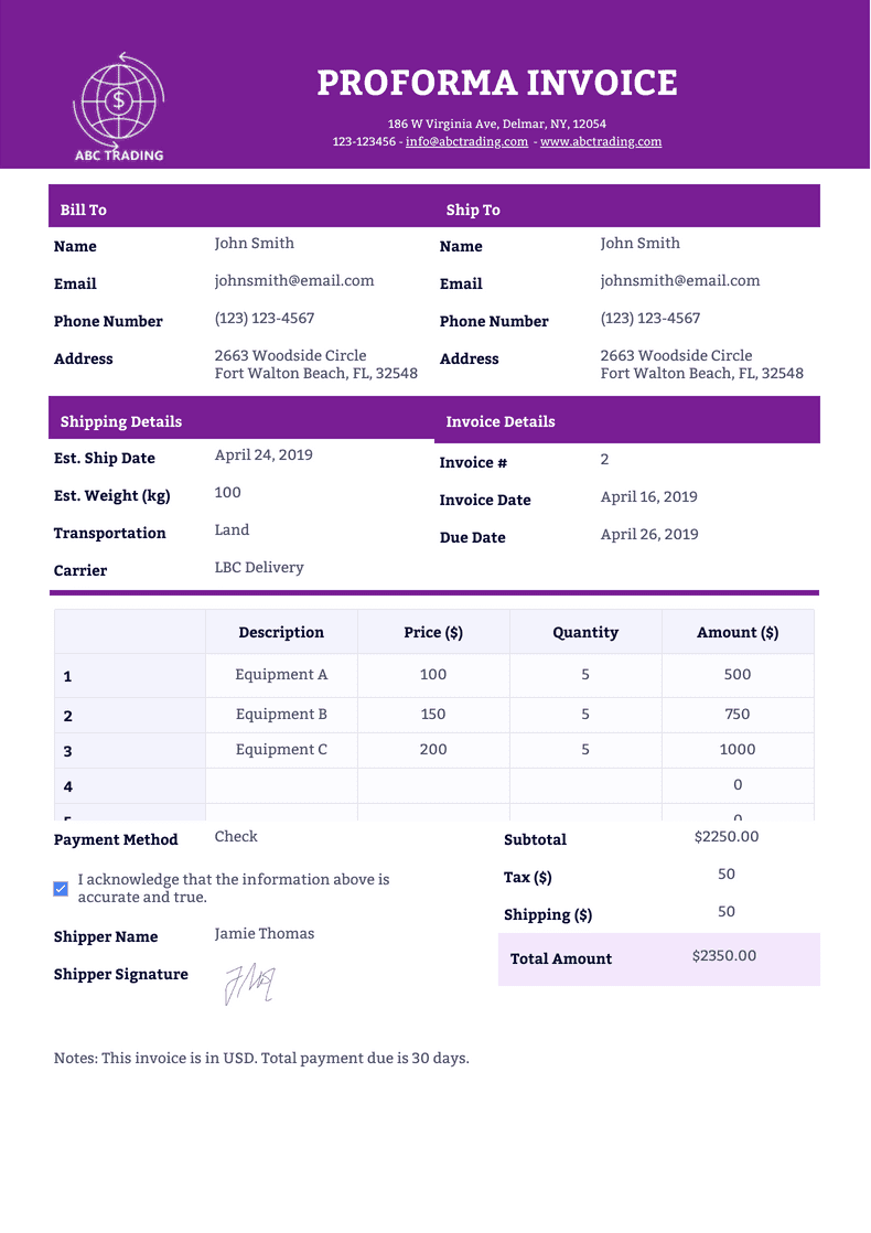 Sample Proforma Invoice Excel Template